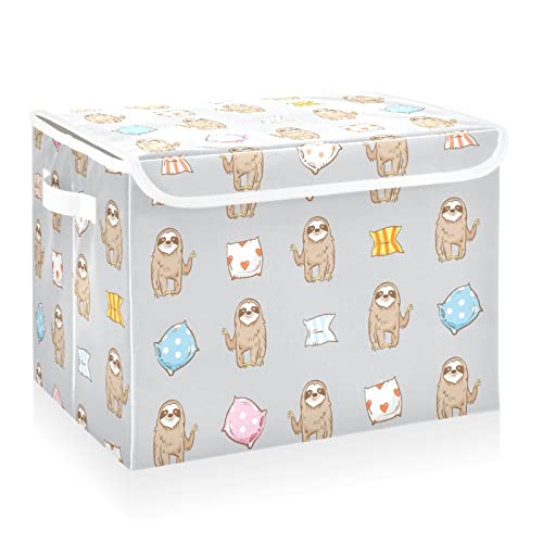 CaTaKu Funny Sloth Gray Storage Bins with Lids Fabric Large Storage Container Cube Basket with Handle Decorative Storage Boxes for Organizing Clothes Shelves