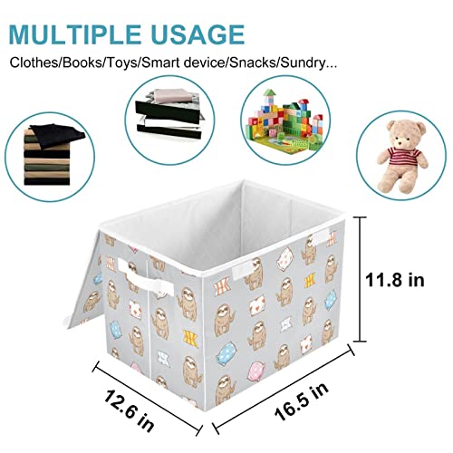 CaTaKu Funny Sloth Gray Storage Bins with Lids Fabric Large Storage Container Cube Basket with Handle Decorative Storage Boxes for Organizing Clothes Shelves