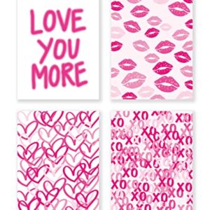 LiTiu Hot Pink Lips Hearts XOXO Love You More Preppy Wall Art Poster Prints Decor, 8”x10”Set Of 4, Preppy Love Artwork Girl Gifts for Women, Decorations For Home Bedroom