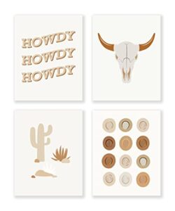 litiu howdy bull skull cowboy hat cactus boho preppy wall art poster prints decor, 8”x10”set of 4, boho preppy artwork girls gifts for women, decor for girls room