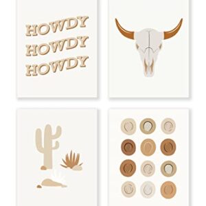 LiTiu Howdy bull Skull Cowboy Hat Cactus Boho Preppy Wall Art Poster Prints Decor, 8”x10”Set Of 4, Boho Preppy Artwork Girls Gifts for Women, Decor For Girls Room