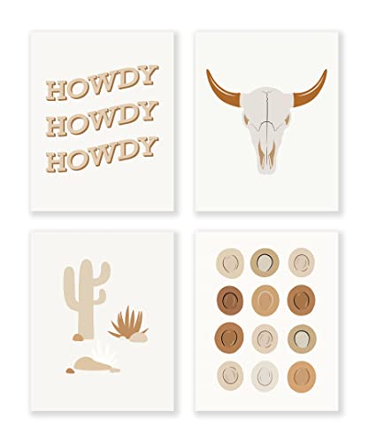 LiTiu Howdy bull Skull Cowboy Hat Cactus Boho Preppy Wall Art Poster Prints Decor, 8”x10”Set Of 4, Boho Preppy Artwork Girls Gifts for Women, Decor For Girls Room