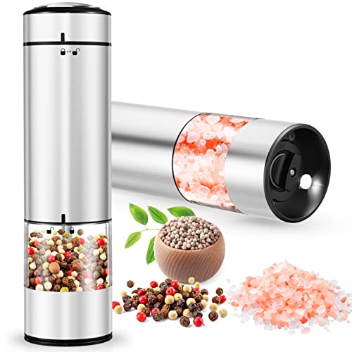 OUWMAN 2 Pack Electric Salt and Pepper Grinder Set, Automatic Stainless Steel Pepper Mill Grinder with Convenient One Hand Operation, LED Light, Adjustable Coarseness, Cleaning Brush, Battery Powered