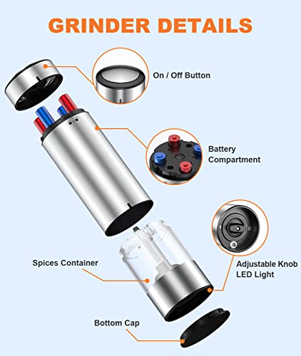 OUWMAN 2 Pack Electric Salt and Pepper Grinder Set, Automatic Stainless Steel Pepper Mill Grinder with Convenient One Hand Operation, LED Light, Adjustable Coarseness, Cleaning Brush, Battery Powered