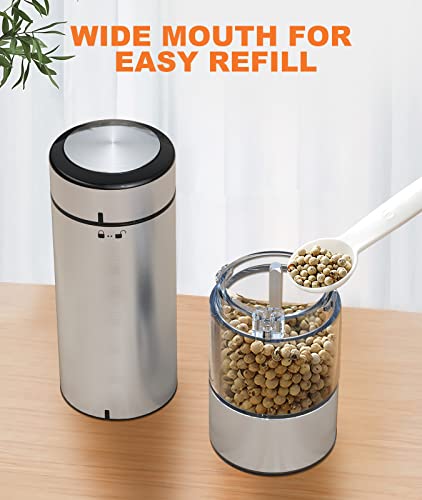 OUWMAN 2 Pack Electric Salt and Pepper Grinder Set, Automatic Stainless Steel Pepper Mill Grinder with Convenient One Hand Operation, LED Light, Adjustable Coarseness, Cleaning Brush, Battery Powered