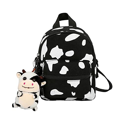 PMUYBHF Backpacks For School Cow Pattern Backpack Cow Print Backpack Mini Canvas Daypack With Plush Cow Pendant For Bag Accessory Shoulder Bag Tote