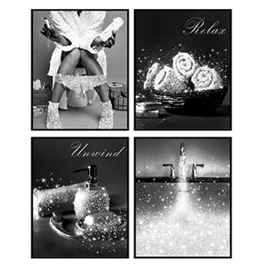 ukzmn fashion wall art bathroom decor glam glitter art prints balck and white bathroom artwork for wall black and white modern women funny bathroom wall decor painting wall art for living room set of 4 (black, 8*12 unframed)