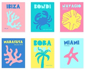 preppy wall art prints set of 6 abstract beach travel destination for home decor (8″ x 10″ unframed on premium fine art matte paper), minimalist matisse style