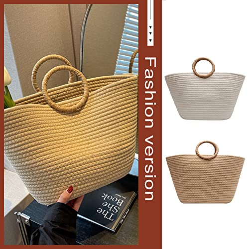 GETERUUV Beach Tote Bag Large Woven Designer Handbag for Women Woven Cotton Rope Tote Bag Aesthetic Top Handle Summer Beach Tote for Vacation Travel