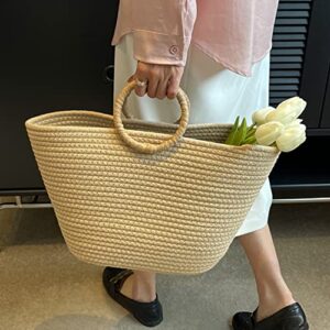 GETERUUV Beach Tote Bag Large Woven Designer Handbag for Women Woven Cotton Rope Tote Bag Aesthetic Top Handle Summer Beach Tote for Vacation Travel