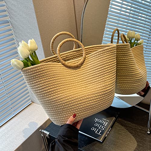 GETERUUV Beach Tote Bag Large Woven Designer Handbag for Women Woven Cotton Rope Tote Bag Aesthetic Top Handle Summer Beach Tote for Vacation Travel