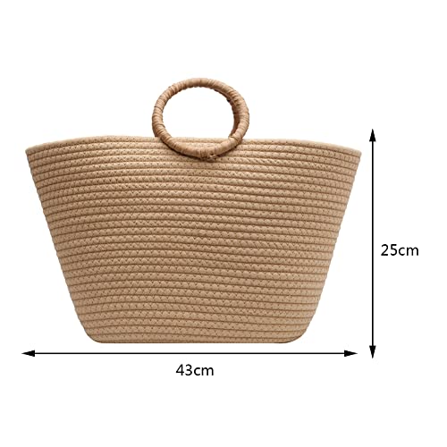 GETERUUV Beach Tote Bag Large Woven Designer Handbag for Women Woven Cotton Rope Tote Bag Aesthetic Top Handle Summer Beach Tote for Vacation Travel