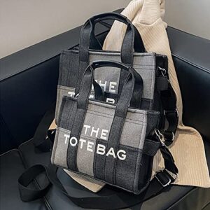 Tote Bag for Women Splicing Denim Handbag Large Capacity Trendy Canvas Crossbody Bags with Zipper Office Travel Black-Large