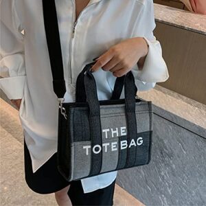 Tote Bag for Women Splicing Denim Handbag Large Capacity Trendy Canvas Crossbody Bags with Zipper Office Travel Black-Large