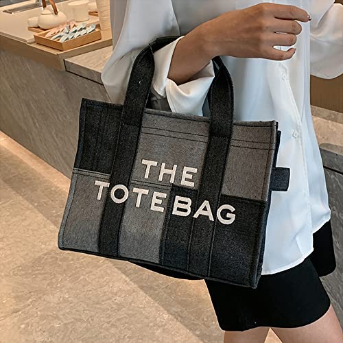 Tote Bag for Women Splicing Denim Handbag Large Capacity Trendy Canvas Crossbody Bags with Zipper Office Travel Black-Large