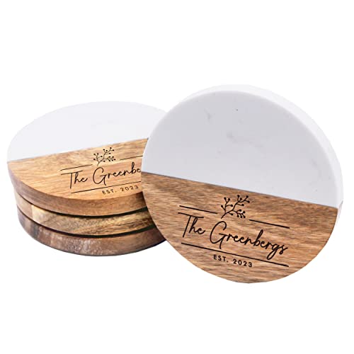 Custom Personalized Set of 4 Marble and Acacia Coasters for Drinks, Couples, Wedding Gift, New Home (Round Marble and Acacia)