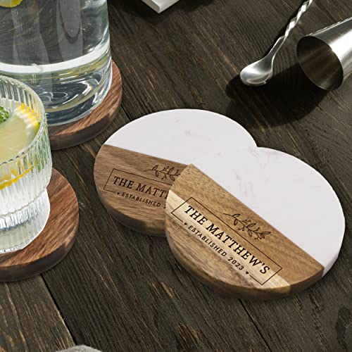 Custom Personalized Set of 4 Marble and Acacia Coasters for Drinks, Couples, Wedding Gift, New Home (Round Marble and Acacia)