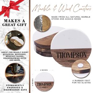 Custom Personalized Set of 4 Marble and Acacia Coasters for Drinks, Couples, Wedding Gift, New Home (Round Marble and Acacia)