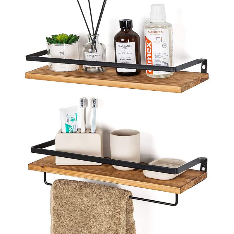 Floating Shelves for Wall 2 Pack, Wall Mounted Storage Shelves with Black Metal Frame and Towel Rack for Bathroom, Bedroom, Living Room, Kitchen, Office