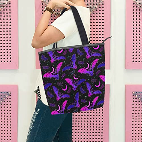 MNSRUU Canvas Tote Bag Aesthetic Purple Bat Gothic Shoulder Bag for Women Work Tote Handbag Shopping Purses and Handbags