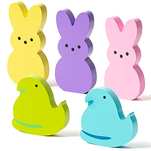 WATINC 5PCS Easter Peeps Chick Table Decor Tiered Tray Sign, Bunny Wooden Signs Tabletop Decoration, Double-sided Rabbit Chicken Wood Centerpiece Desk Topper Easter Spring Holiday Party Gift Supplies