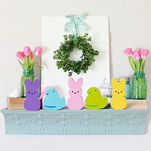 WATINC 5PCS Easter Peeps Chick Table Decor Tiered Tray Sign, Bunny Wooden Signs Tabletop Decoration, Double-sided Rabbit Chicken Wood Centerpiece Desk Topper Easter Spring Holiday Party Gift Supplies