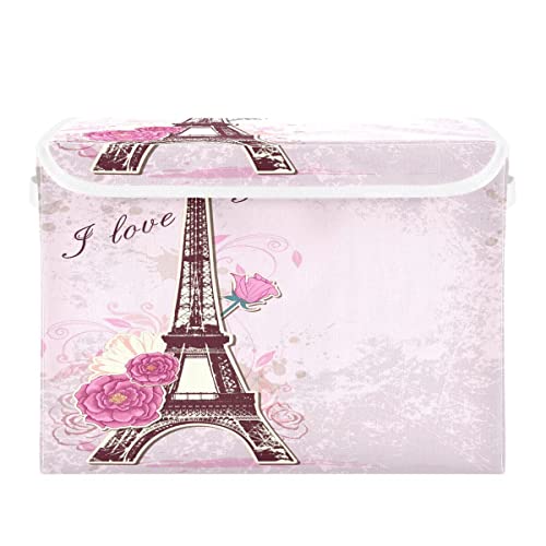 ALAZA Pink Rose Eiffel Tower Paris Storage Bins Box Collapsible Cubes Container Basket for Office Bedroom Home Decor Shelf Closet