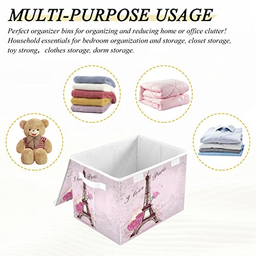 ALAZA Pink Rose Eiffel Tower Paris Storage Bins Box Collapsible Cubes Container Basket for Office Bedroom Home Decor Shelf Closet