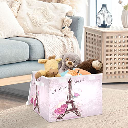 ALAZA Pink Rose Eiffel Tower Paris Storage Bins Box Collapsible Cubes Container Basket for Office Bedroom Home Decor Shelf Closet