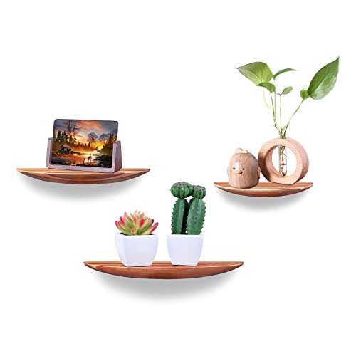 Unique Half Round Wall Floating Shelves Arc Bottom Design, Set of 3, Elegant Display & Organizer Semicircle Wall Shelf Decor w/Invisible Brackets, Rustic Wood Shelf Decorate Plant Books Small Artwork