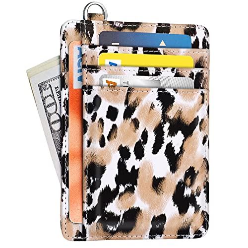 Slim Front Pocket Wallet RFID ID Card Holder Cute Small Wallet with Keychian for Women,Leopard