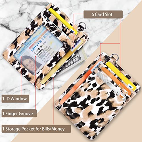 Slim Front Pocket Wallet RFID ID Card Holder Cute Small Wallet with Keychian for Women,Leopard