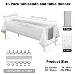 MASHAN 16Pack Disposable Plastic Tablecloths and Satin Table Runner Set White and Silver Dot Tablecloth Silver Satin Table Runner for Wedding Birthday Baby Shower Christmas New Year Party Decorations