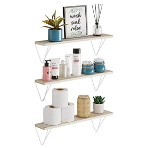 wallniture colmar 24″ bathroom shelves wall mounted, floating shelves for wall decor, wall bookshelf living room decor, wall shelves for bedroom & kitchen, white brackets, wood, natural set of 3