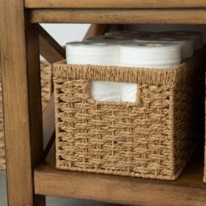 StorageWorks Set of 4 Round Paper Rope Storage Baskets, Rectangular Wicker Baskets with Built-in Handles