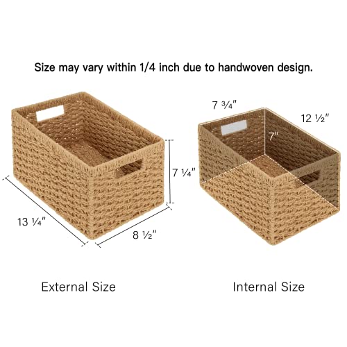 StorageWorks Set of 4 Round Paper Rope Storage Baskets, Rectangular Wicker Baskets with Built-in Handles