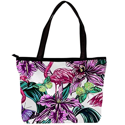 TBOUOBT Handbags for Women Fashion Tote Bags Shoulder Bag Satchel Bags, Purple Flower Tropical Flamingo Butterfly