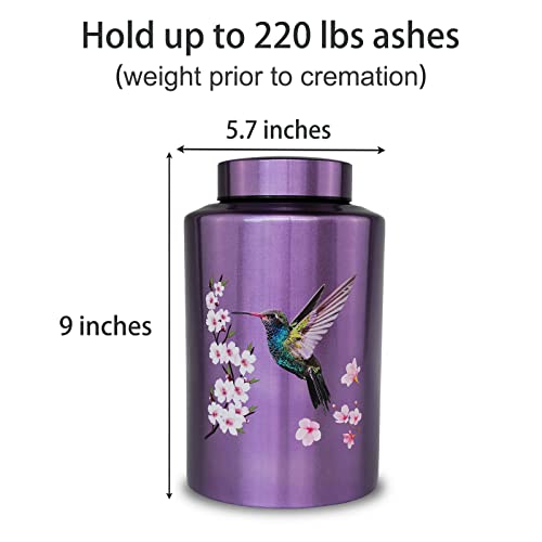 Large Cremation Urns for Adult Male Female Ashes, Up to 220 lbs Decorative Urn for Human Remains with Velvet Bag(Hummingbird)