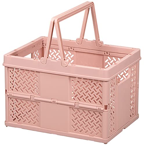 LUOZZY Collapsible Storage Storage Basket Handheld Plastic Sundries Holders Folding Basket Box With Handle, Pink