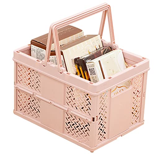 LUOZZY Collapsible Storage Storage Basket Handheld Plastic Sundries Holders Folding Basket Box With Handle, Pink