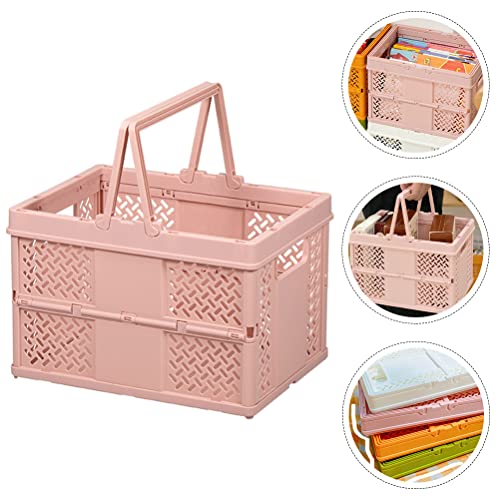 LUOZZY Collapsible Storage Storage Basket Handheld Plastic Sundries Holders Folding Basket Box With Handle, Pink