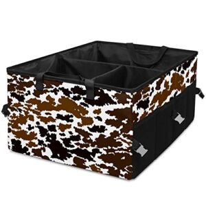 western black brown cow print car trunk organizer,collapsible cargo storage tote bag,non slip,3 divider compartments, automotive interior accessories for auto suv truck vehicle picnic camping