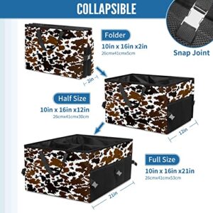 Western Black Brown Cow Print Car Trunk Organizer,Collapsible Cargo Storage Tote Bag,Non Slip,3 Divider Compartments, Automotive Interior Accessories for Auto SUV Truck Vehicle Picnic Camping