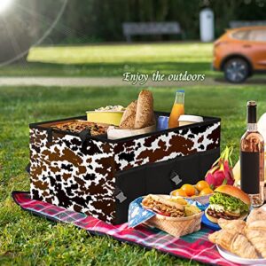 Western Black Brown Cow Print Car Trunk Organizer,Collapsible Cargo Storage Tote Bag,Non Slip,3 Divider Compartments, Automotive Interior Accessories for Auto SUV Truck Vehicle Picnic Camping