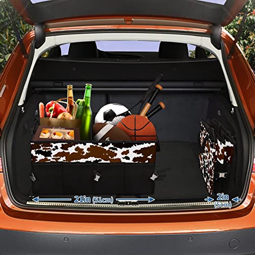 Western Black Brown Cow Print Car Trunk Organizer,Collapsible Cargo Storage Tote Bag,Non Slip,3 Divider Compartments, Automotive Interior Accessories for Auto SUV Truck Vehicle Picnic Camping