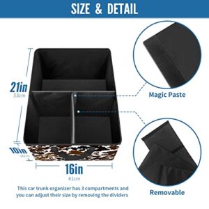 Western Black Brown Cow Print Car Trunk Organizer,Collapsible Cargo Storage Tote Bag,Non Slip,3 Divider Compartments, Automotive Interior Accessories for Auto SUV Truck Vehicle Picnic Camping