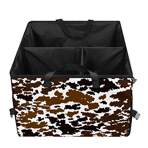 Western Black Brown Cow Print Car Trunk Organizer,Collapsible Cargo Storage Tote Bag,Non Slip,3 Divider Compartments, Automotive Interior Accessories for Auto SUV Truck Vehicle Picnic Camping