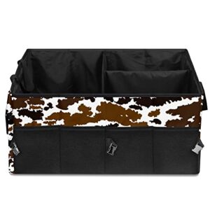 Western Black Brown Cow Print Car Trunk Organizer,Collapsible Cargo Storage Tote Bag,Non Slip,3 Divider Compartments, Automotive Interior Accessories for Auto SUV Truck Vehicle Picnic Camping