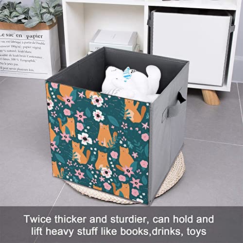 DamTma Cute Orange Cats Collapsible Storage Bins Flowers Fabric Storage Cubes with Handles Basket Storage Organizer for Shelves Closet Bedroom Living Room 10.6 in