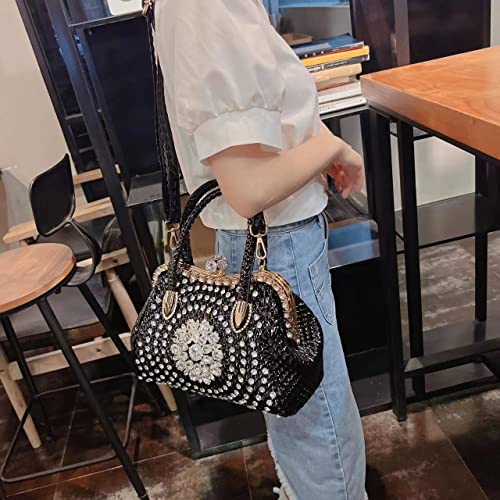 Diamond Handbags for Women Purses Hobo Tote Bag Crossbody Bag genuine Leather Fashion Top Handle Satchel Evening Bags (Black)